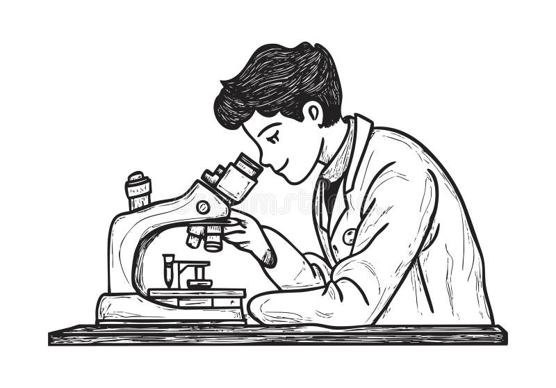 Illustration of a Scientist Examining Samples Under a Microscope in a ...