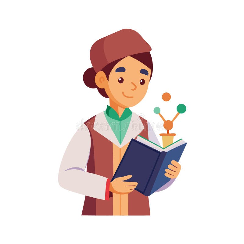 Scientist Woman Reading a Science Book with a Molecular Diagram ...