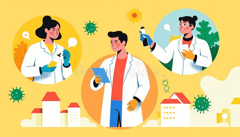 Illustration of Scientists in a Lab, Studying Virus Samples and Working ...