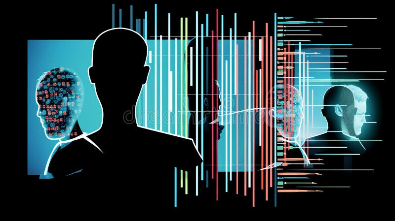 Illustration of Screen with Silhouettes and Robots and Data, AI ...