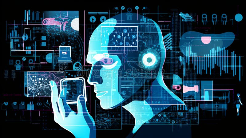 Illustration of Screen with Silhouettes and Robots and Data, AI ...