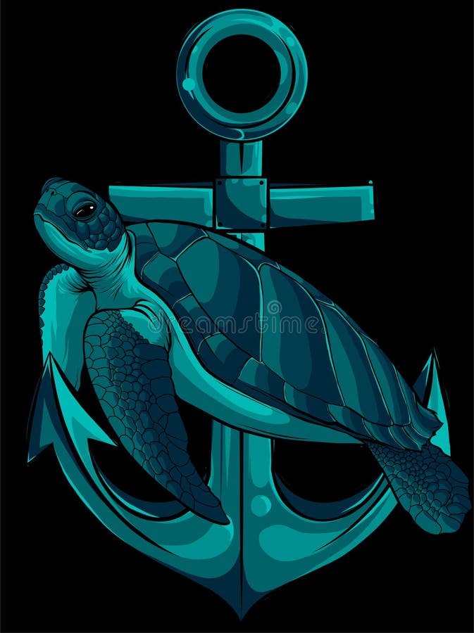 Vector Illustration of Sea Turtle with Anchor on Black Background Stock ...