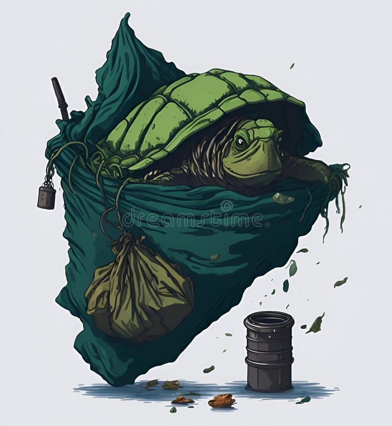 Illustration of a Sea Turtle in a Garbage Bag Surrounded by Garbage and ...
