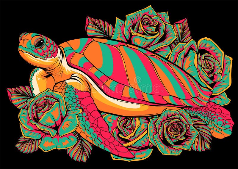 Vector Illustration of Sea Turtle with Roses on Black Background Stock ...