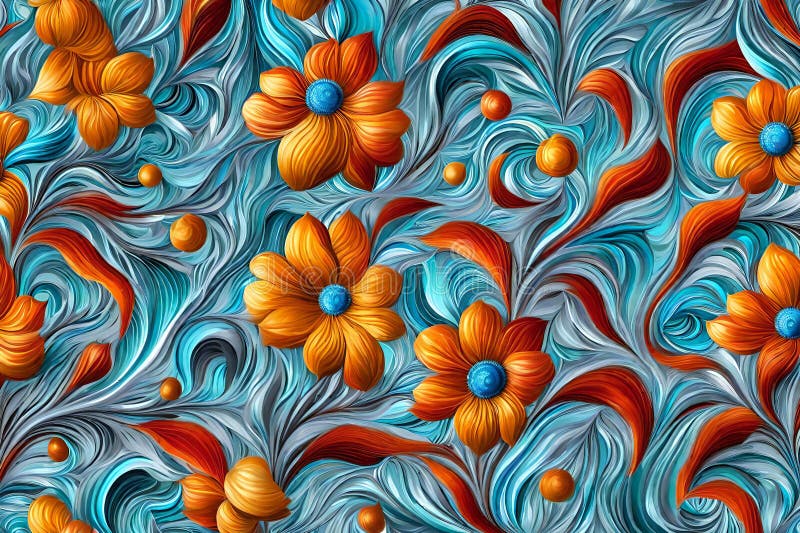 Seamless Pattern with Abstract Waves and Flowers Stock Illustration ...