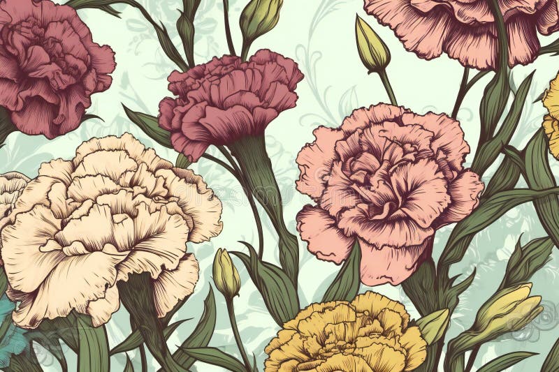 Seamless Pattern with Carnation Flowers, Illustration in Vintage Style ...