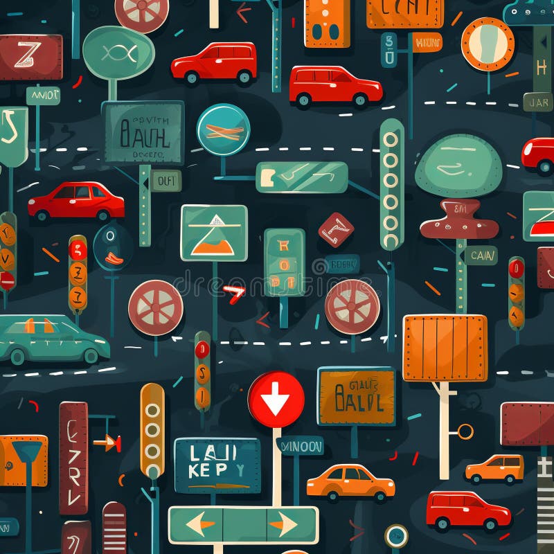 Illustration of Seamless Pattern with Cute Cars Traffic Lights and ...