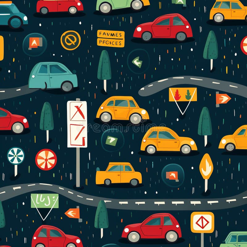 Illustration of Seamless Pattern with Cute Cars Traffic Lights and ...