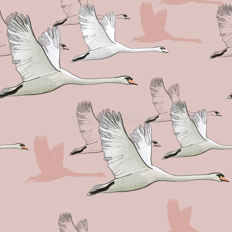 Illustration of Seamless Pattern of Drawing Flying Swans. Hand Drawn ...
