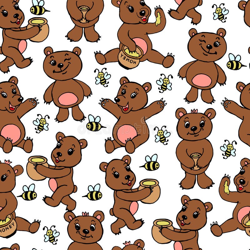 Illustration, Seamless Pattern, Funny Teddy Bears in Different Poses ...