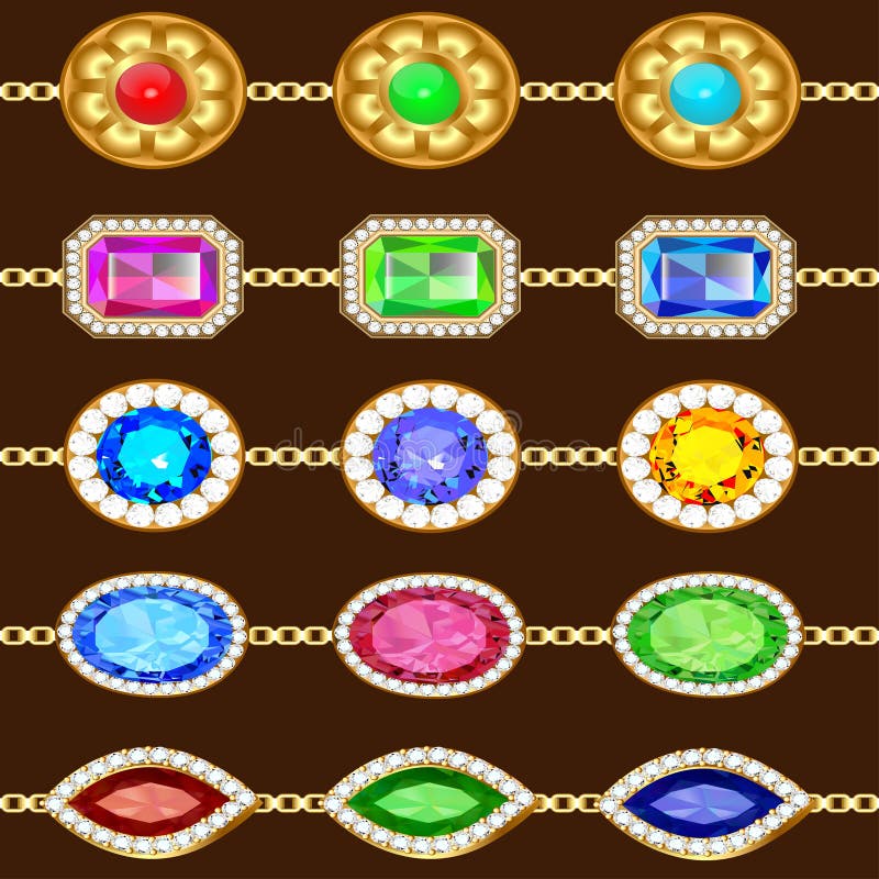 Seamless Pattern Gold Jewelry Pendants Beads Borders and Gems Stock ...