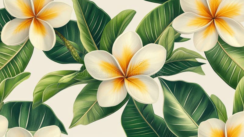 Illustration of a Seamless Tropical Leaf and Flower Pattern on a White ...