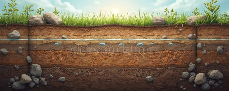 Illustration Section of Soil with Underground Water Layers Earth Rocks ...
