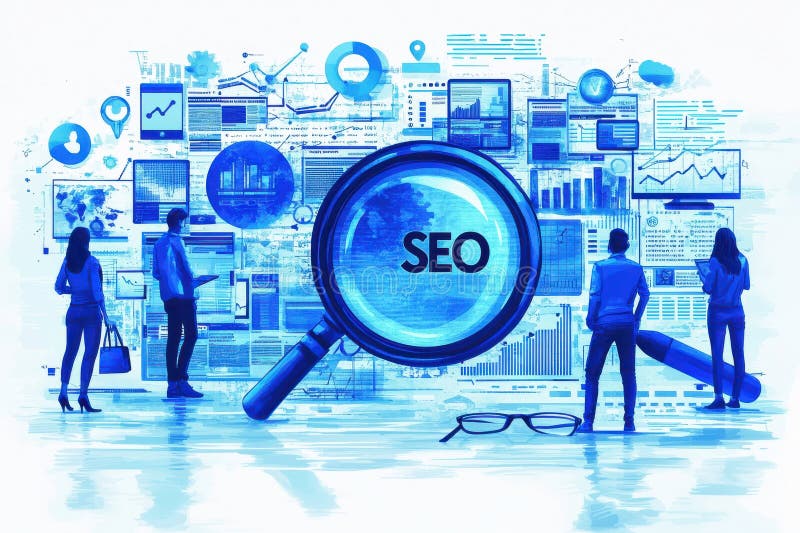 Illustration of SEO and Analytics Concepts with Magnifying Glass Focus ...