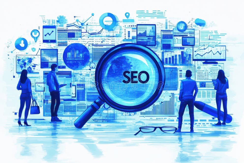 Illustration of SEO and Analytics Concepts with Magnifying Glass Focus ...