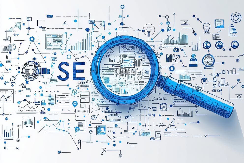 Illustration of SEO and Analytics Concepts with Magnifying Glass Focus ...
