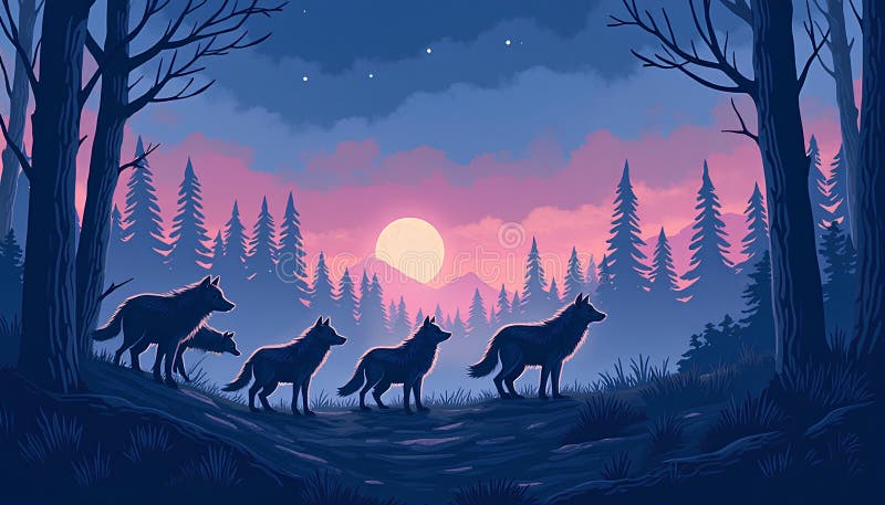 Illustration of a Serene Forest Scene with Four Wolves Walking in ...