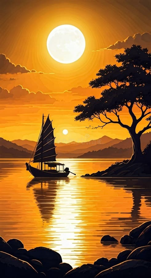 Illustration of a Serene Lake at Sunset with Large Full Moon in the Sky ...