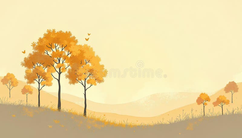 Illustration of a Serene Landscape Featuring Stylized Trees with Stock ...