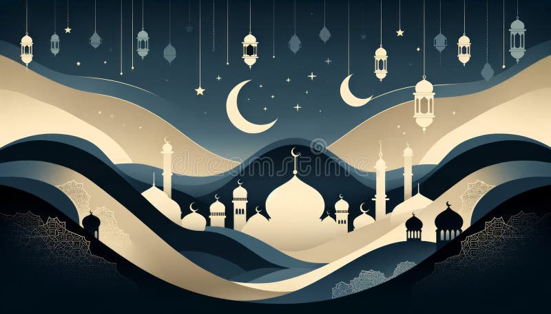 Illustration of a Serene Ramadan Scene with Moon, Lanterns, and Mosques ...