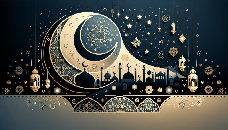 Illustration of a Serene Ramadan Scene with Moon, Lanterns, and Mosques ...