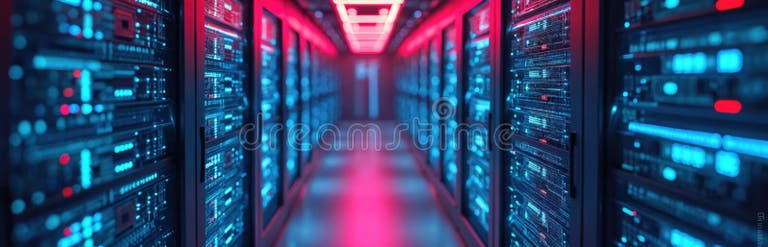 Illustration of Server Room Data Center with Neon Lights. Futuristic Tech, Server Racks, Data ...