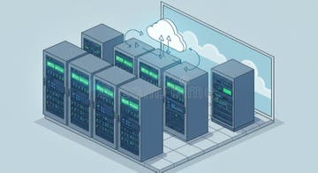 Illustration of a Server Room with Multiple Blue-gray Server Towers ...