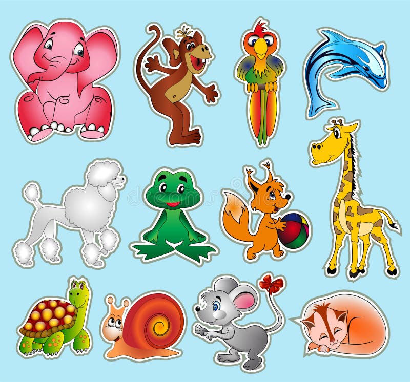 Set of Animal Stickers with Giraffe, Elephant, Parrot, Monkey, Frog ...