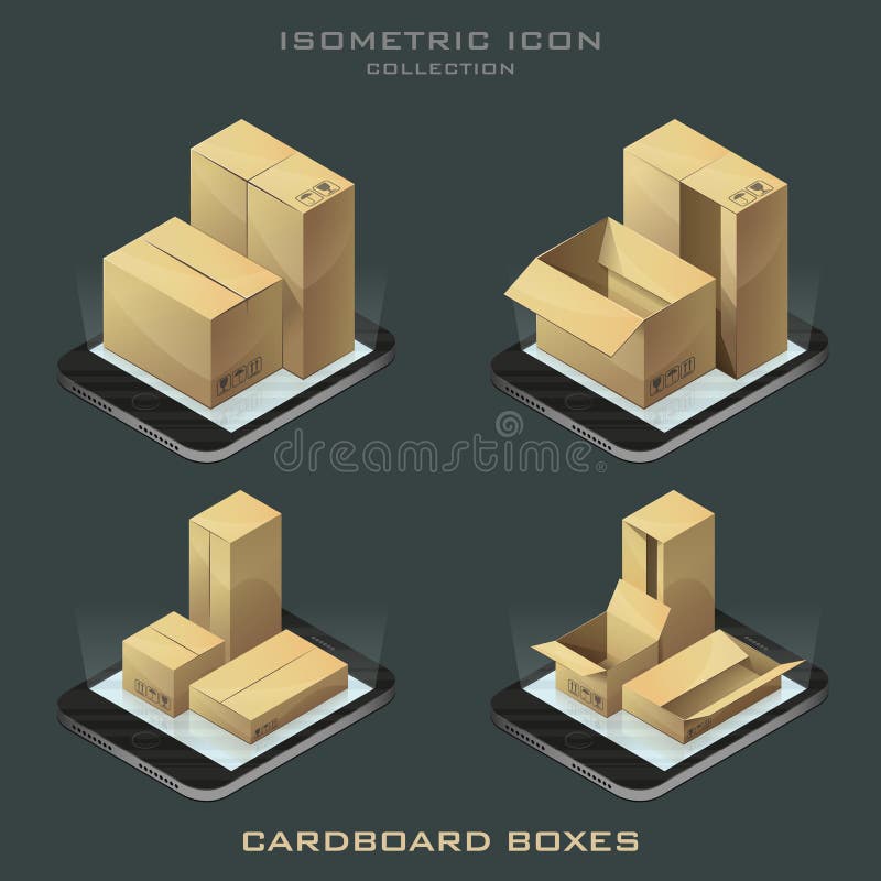 Illustration Set Of Dark Isometric Cardboard Boxes Stock Illustration ...