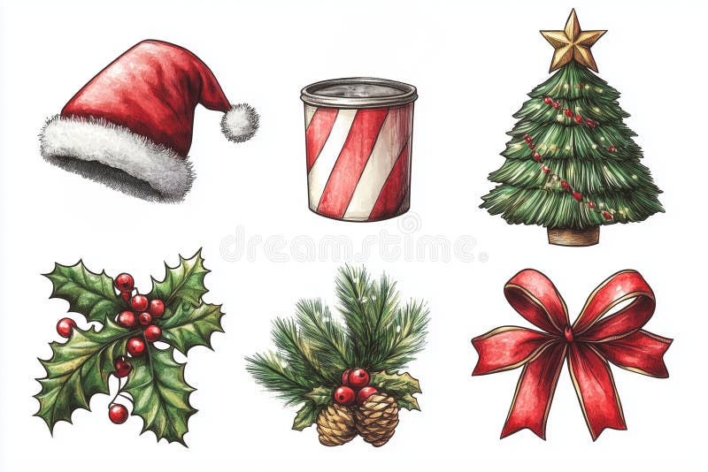 Illustration - Set of 6 Different Christmas Items (hat, Candy Can ...