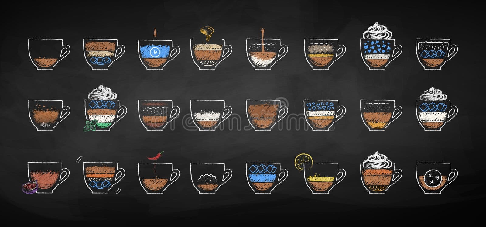 Illustration Set of Coffee Types Stock Photo - Image of frappe, cold ...