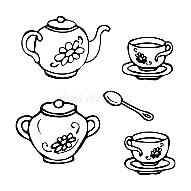 Illustration, Set of Drawn Tea Utensils, Teapot, Cups, Saucers and ...