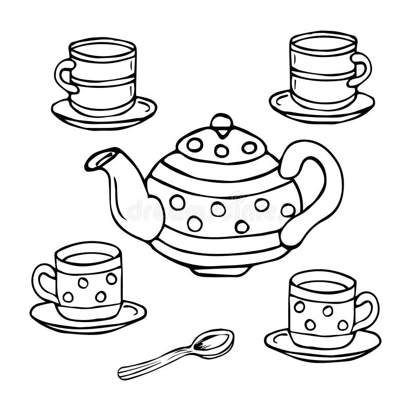 Illustration, Set of Drawn Tea Utensils, Teapot, Cups, Saucers and ...