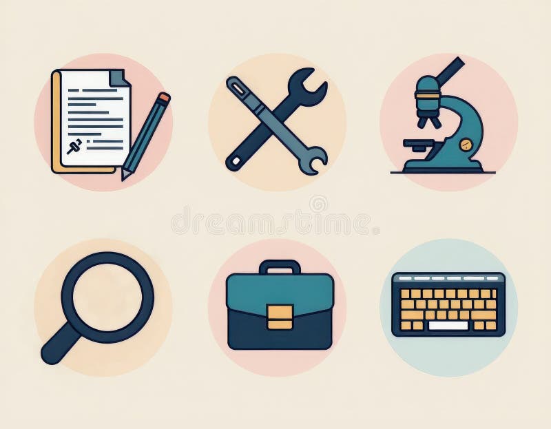 This Illustration Set Features Six Icons Representing Various ...