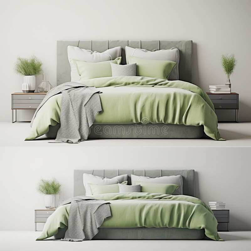 Illustration of Set of Four Views of a Light Green Modern Bed with ...