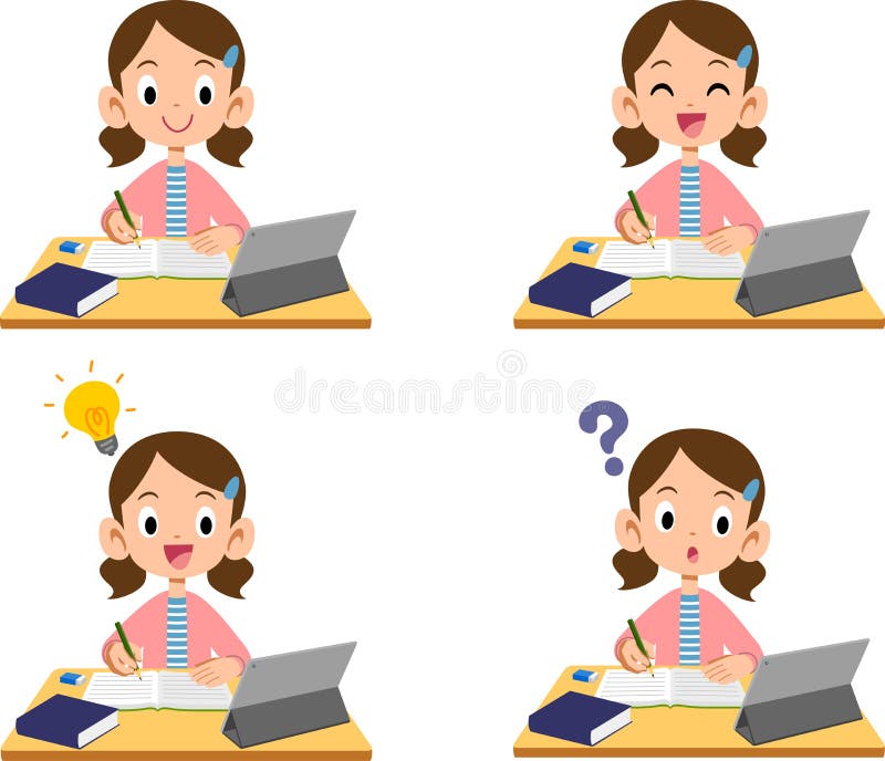 Illustration Set of a Girl Learning Using a Tablet Stock Vector ...