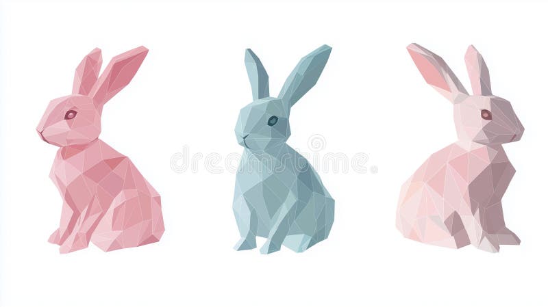 Illustration, Set of Low-poly 3D Bunny in Pastel Tones, Modern Digital ...