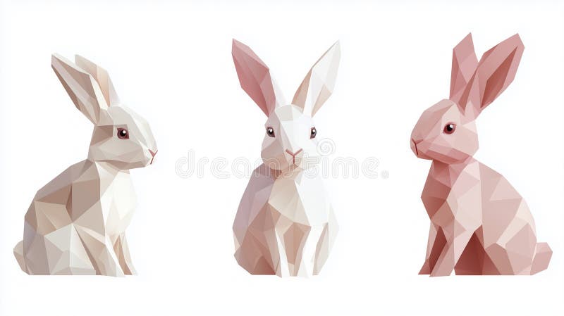 Illustration, Set of Low-poly 3D Bunny in Pastel Tones, Modern Digital ...