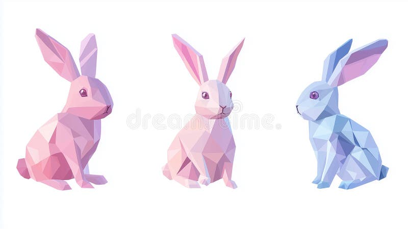 Illustration, Set of Low-poly 3D Bunny in Pastel Tones, Modern Digital ...