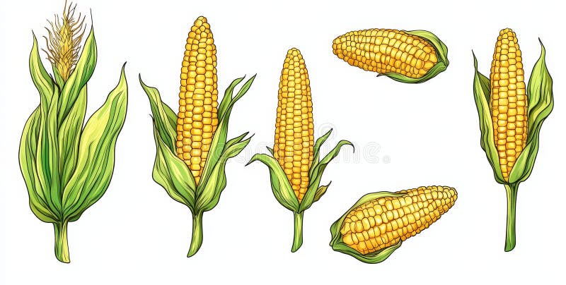 Illustration Set with Maize Plants, Corn Cobs, and Sketch Popcorn ...