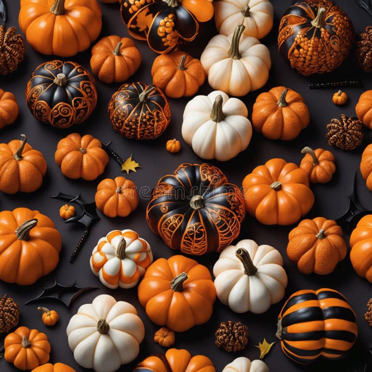 Illustration, a Set of Pumpkins with Decorations for Halloween Stock ...