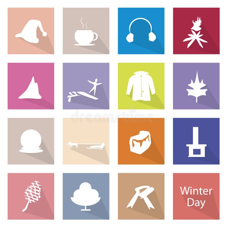 Illustration Set of 16 Winter Flat Icon Stock Vector - Illustration of ...