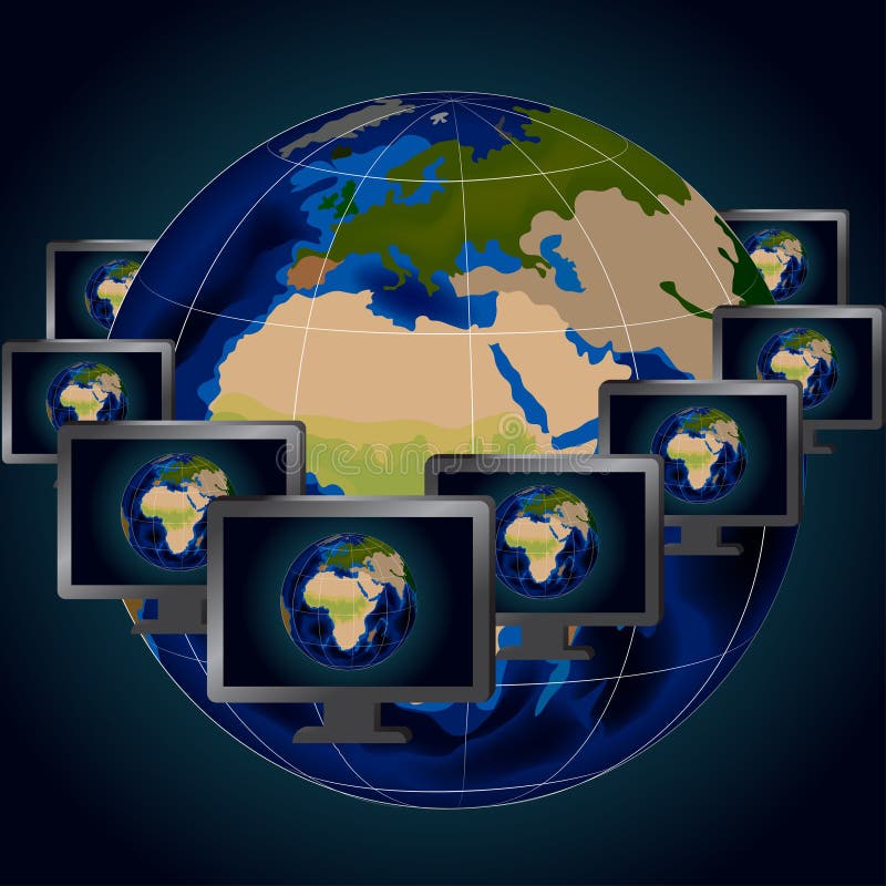 Illustration of Several Computer Monitors Over Background of Globe ...