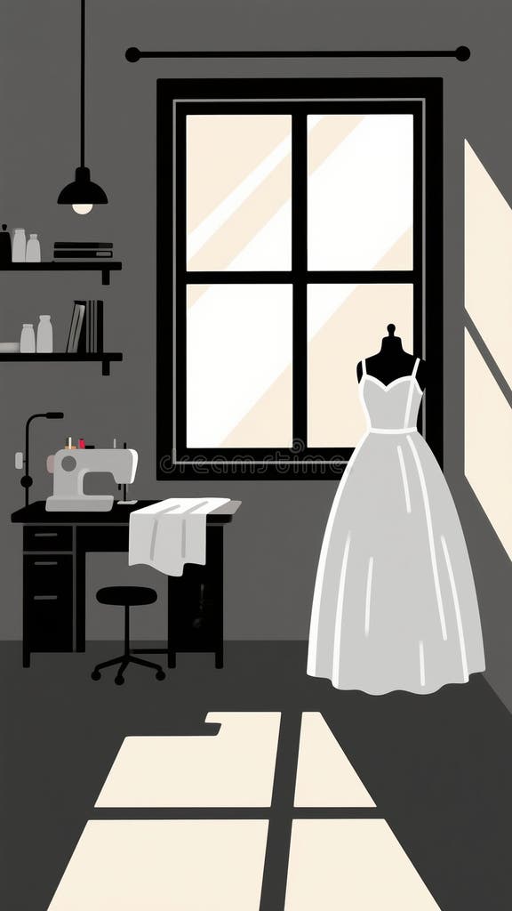 Illustration of a Sewing Workshop Interior with a Sewing Machine, Dress ...