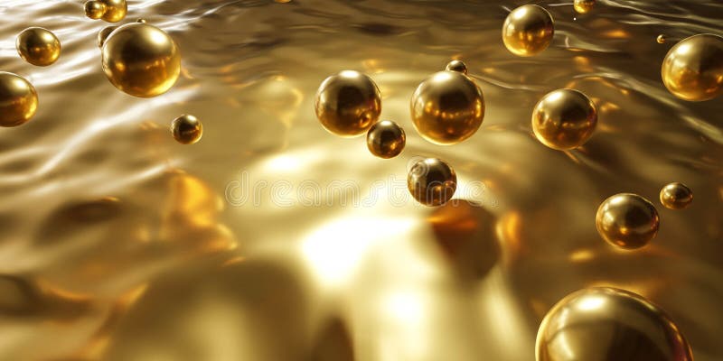 Illustration of Shiny Gold Balls Floating in Water in 3D Render 3d ...