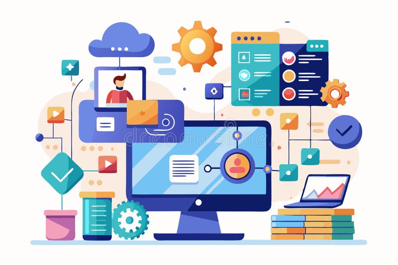 The Illustration Showcases a Computer Screen with Multiple Digital ...