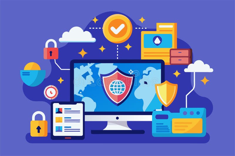 The Illustration Showcases a Computer Screen with a VPN Shield, Lock ...