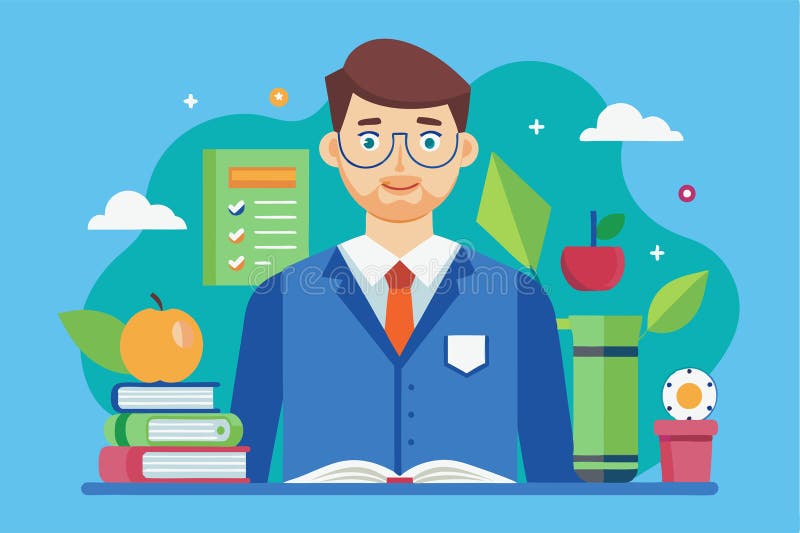 This Illustration Showcases a Friendly Teacher Surrounded by Educational Tools, Plants, and ...