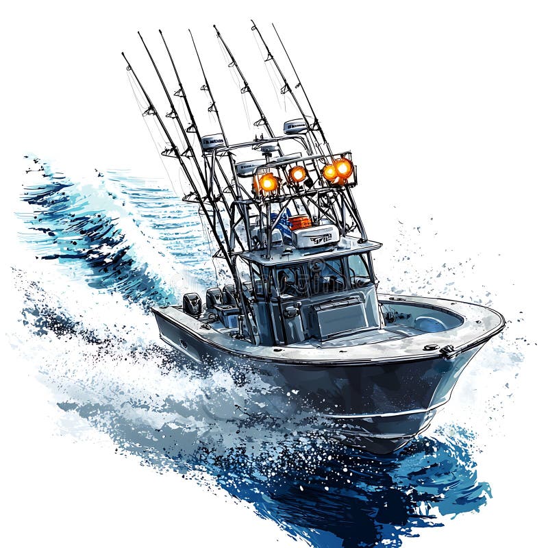 Powerful Fishing Boat Cutting through Ocean Waves Stock Illustration ...