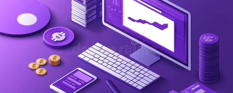 Flat Illustration of a Purple Financial Analytics Workspace Featuring ...